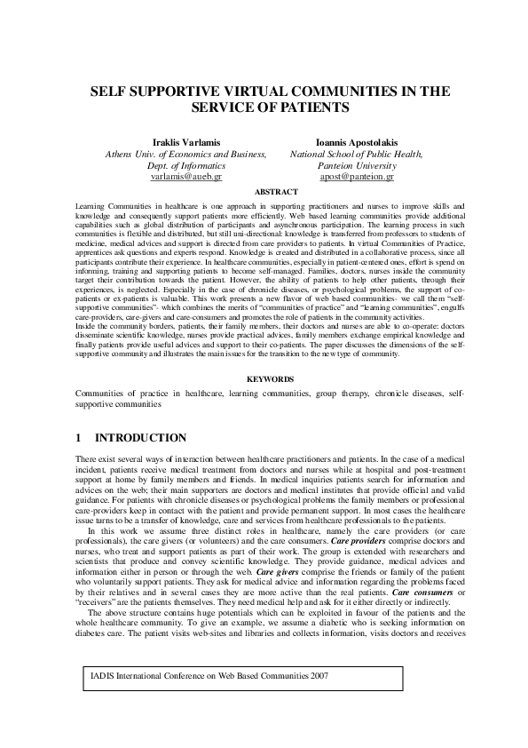 (PDF) Self Supportive Virtual Communities in the Service of Patients