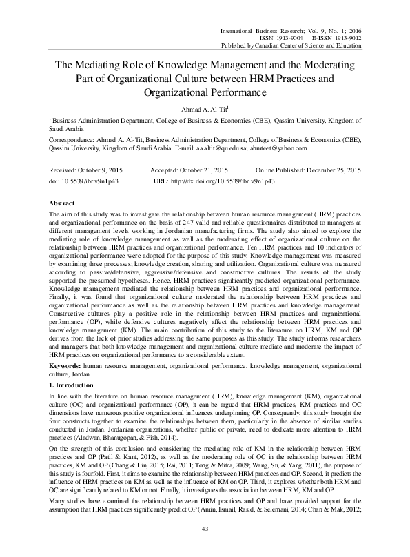 (PDF) The Mediating Role of Knowledge Management and the Moderating Part of Organizational ...