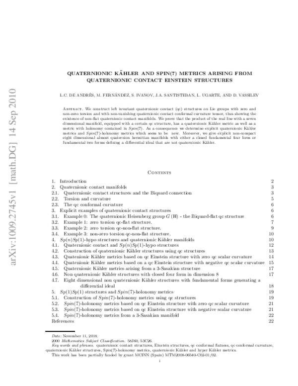 (PDF) Quaternionic Kaehler and Spin(7) metrics arising from quaternionic contact Einstein structures