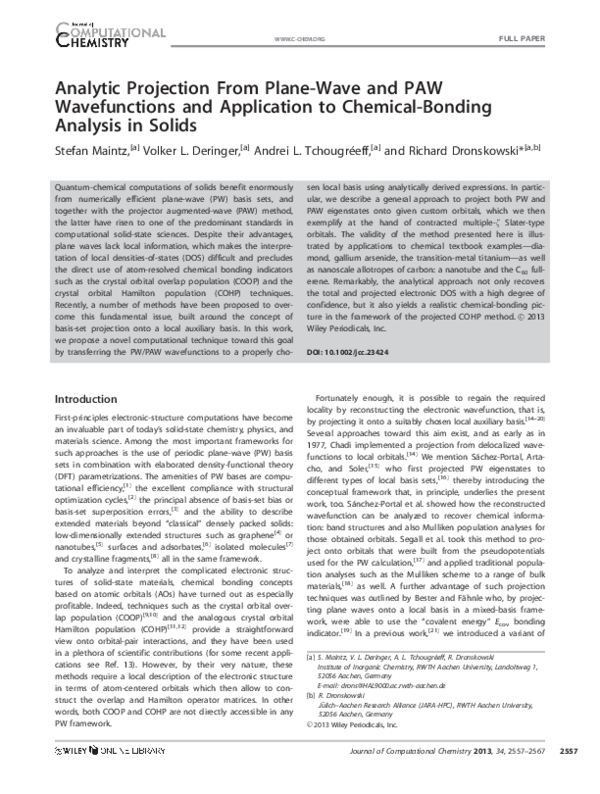 (PDF) Analytic projection from plane-wave and PAW wavefunctions and application to chemical ...