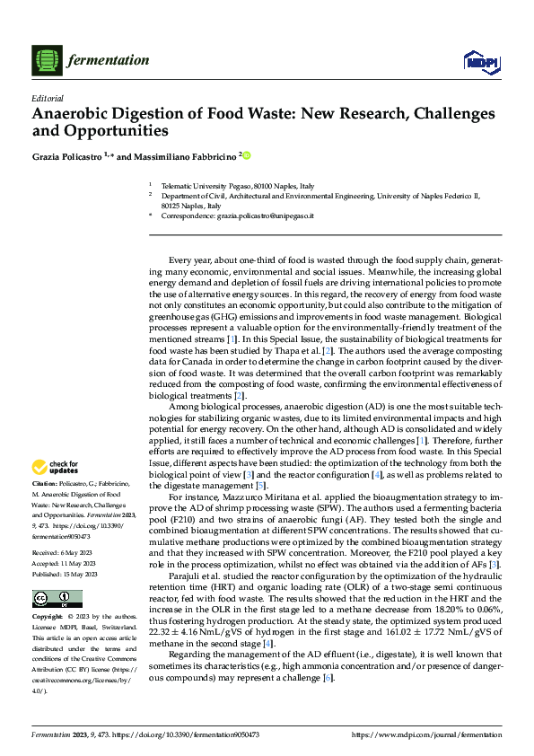 (PDF) Anaerobic Digestion of Food Waste: New Research, Challenges and ...