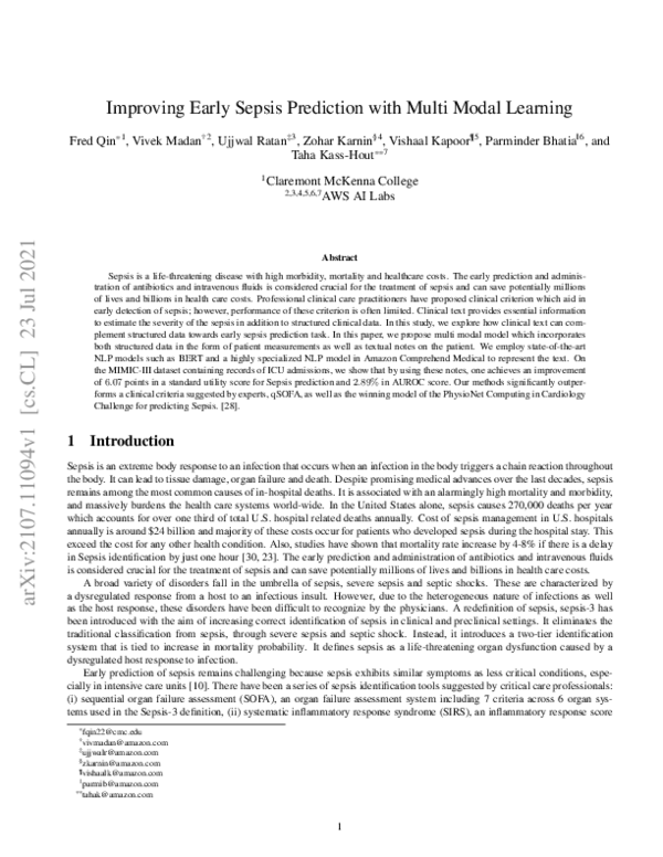 Pdf Improving Early Sepsis Prediction With Multi Modal Learning