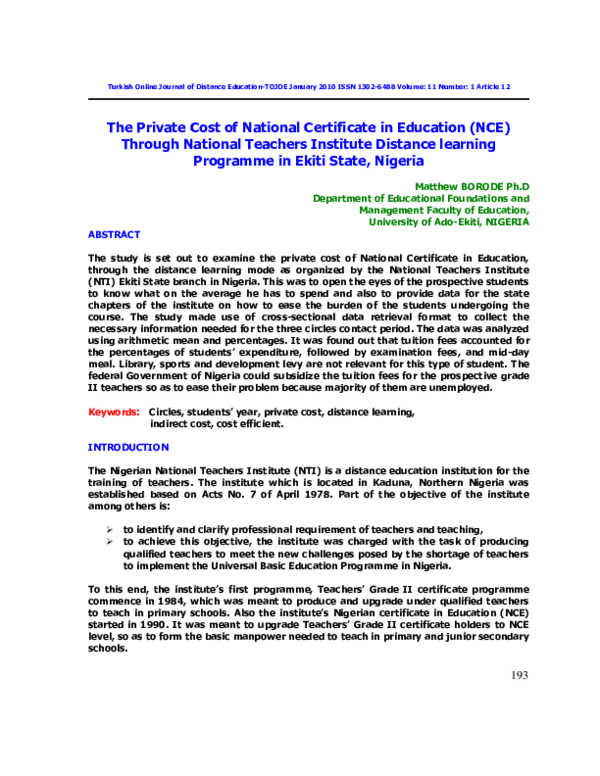 (PDF) THE PRIVATE COST OF NATIONAL CERTIFICATE IN EDUCATION (NCE): Through National Teachers ...