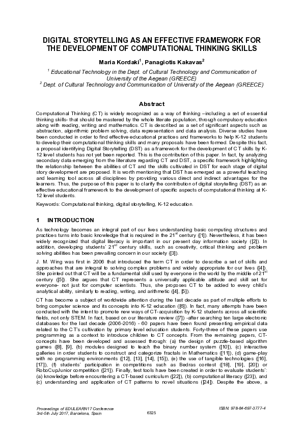 (PDF) Digital Storytelling as an Effective Framework for the Development of Computational ...