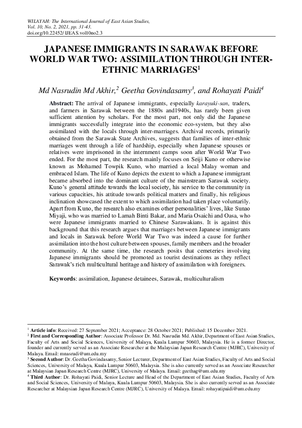 (PDF) Japanese Immigrants In Sarawak Before World War Two: Assimilation ...