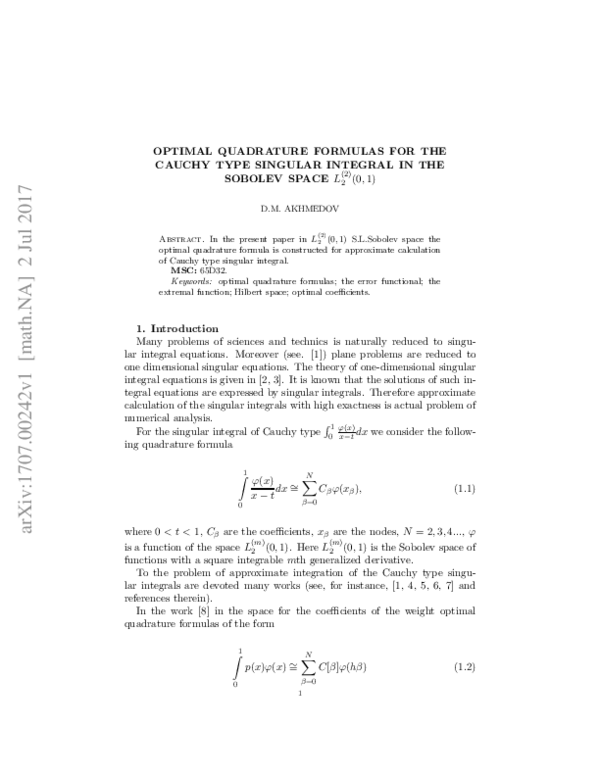 (PDF) Optimal quadrature formulas for the Cauchy type singular integral in the Sobolev space $L ...