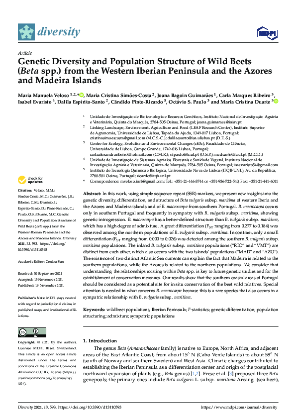 (PDF) Genetic Diversity and Population Structure of Wild Beets (Beta spp.) from the Western ...