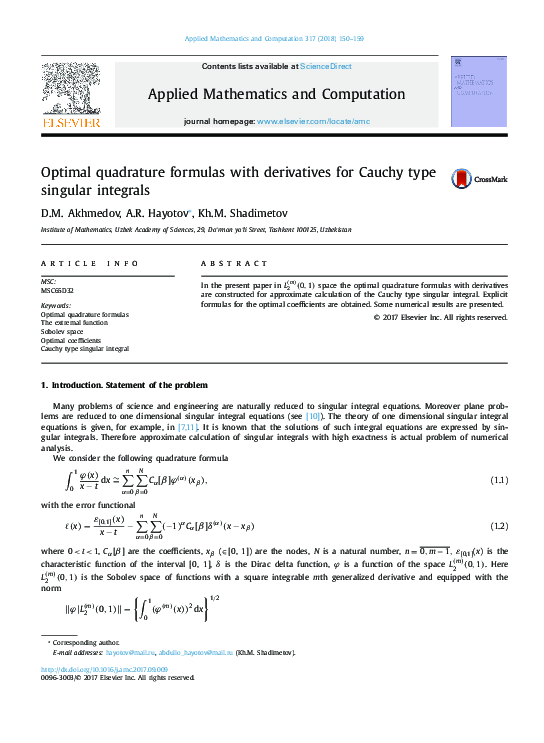 (PDF) Optimal quadrature formulas with derivatives in the Sobolev space