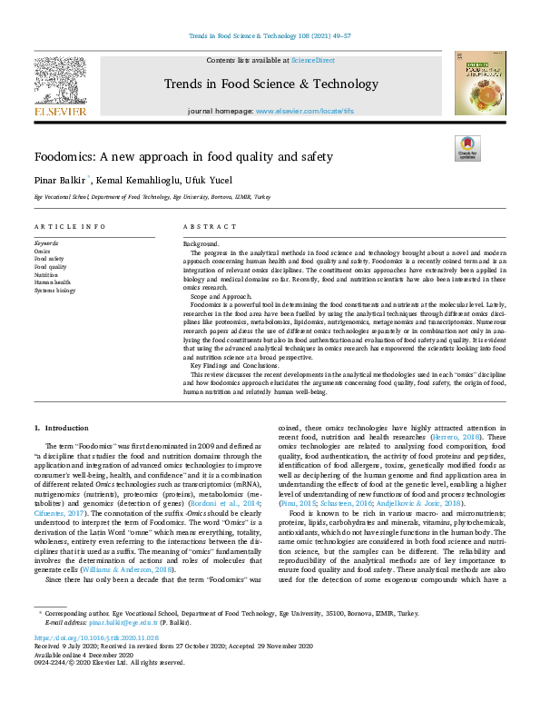 (PDF) Foodomics: A new approach in food quality and safety