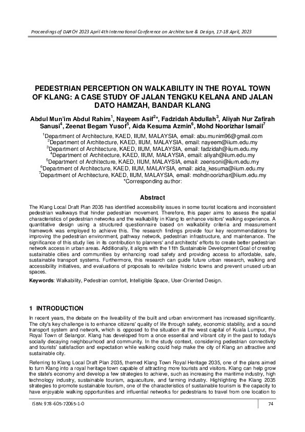 (PDF) Pedestrian Perception on Walkability in the Royal Town of Klang: A Case Study of Jalan ...