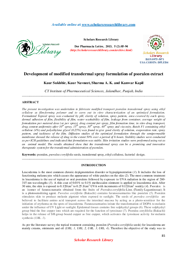 (PDF) Development of modified transdermal spray formulation of psoralen ...