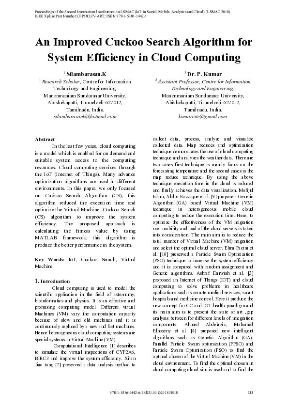 Pdf An Improved Cuckoo Search Algorithm For System Efficiency In Cloud Computing