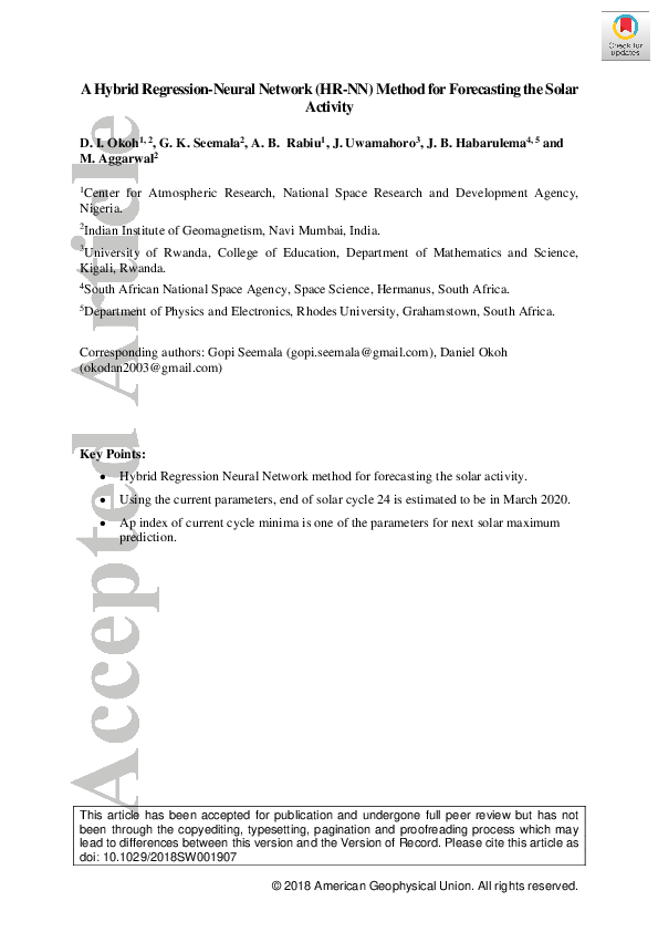 (PDF) A Hybrid Regression‐Neural Network (HR‐NN) Method for Forecasting the Solar Activity