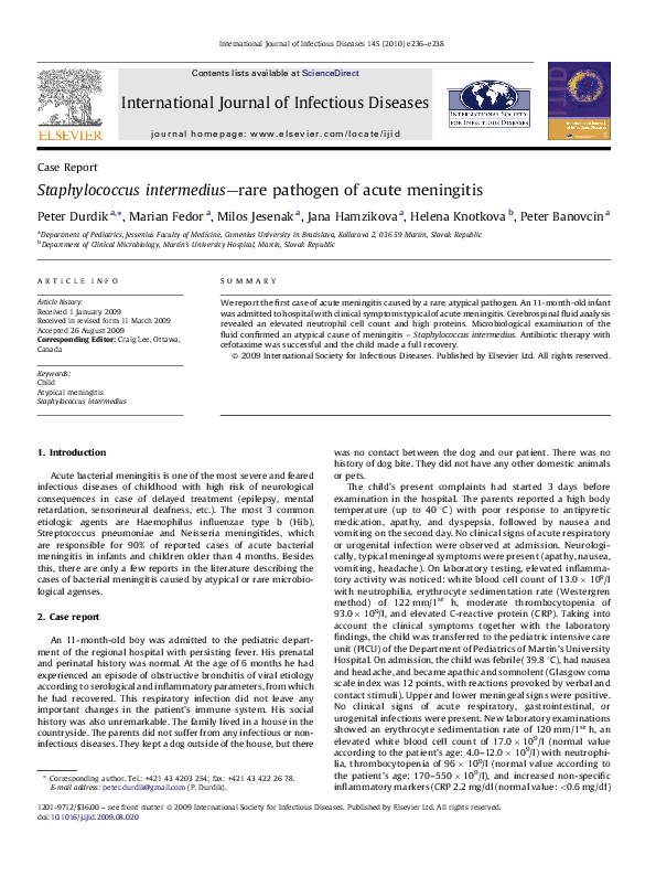 (PDF) Staphylococcus intermedius—rare pathogen of acute meningitis