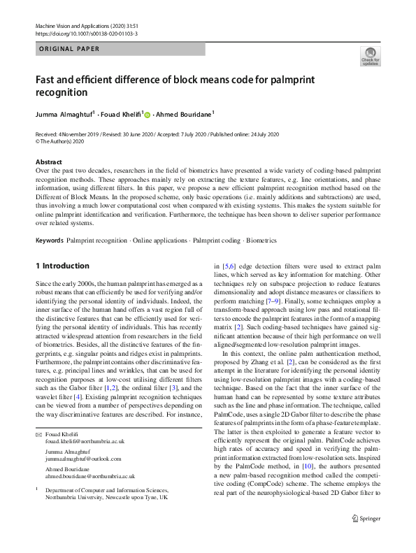(PDF) Fast and efficient difference of block means code for palmprint recognition | Fouad ...