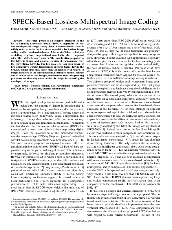 (PDF) SPECK-Based Lossless Multispectral Image Coding