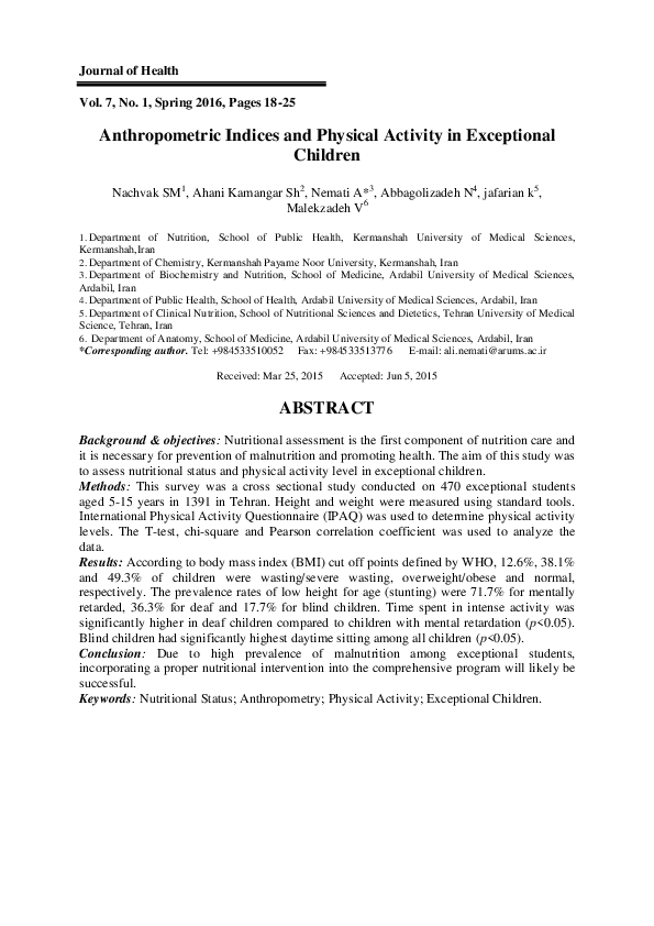 (PDF) Anthropometric Indices and Physical Activity in Exceptional Children