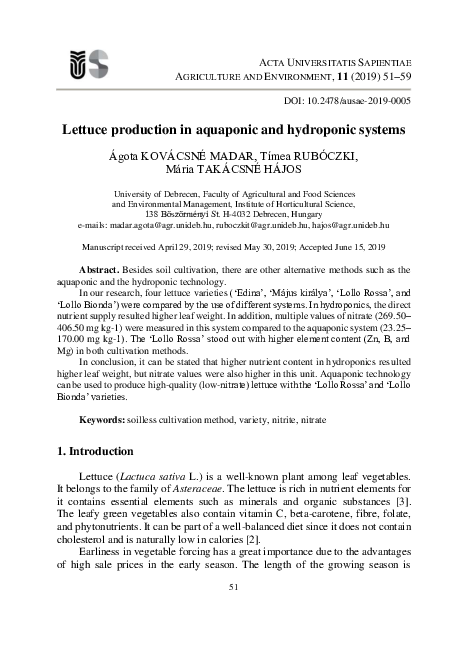 (PDF) Lettuce production in aquaponic and hydroponic systems