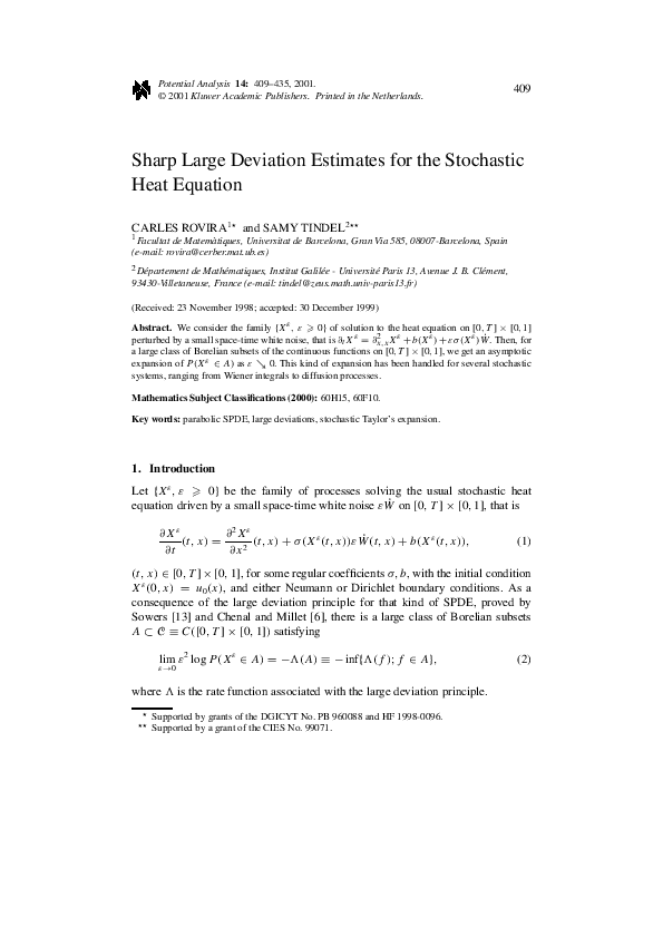 Pdf Sharp Large Deviation Estimates For The Stochastic Heat Equation