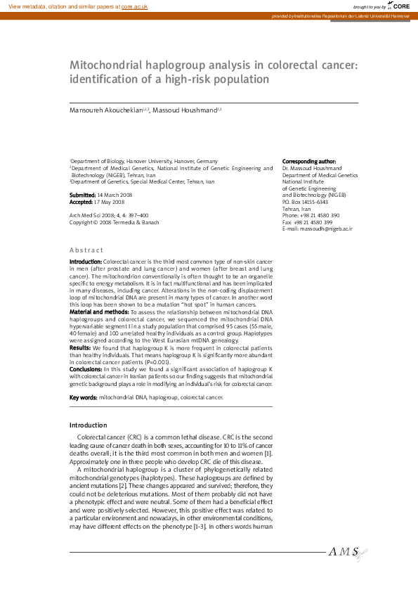 (PDF) Mitochondrial haplogroup analysis in colorectal cancer ...