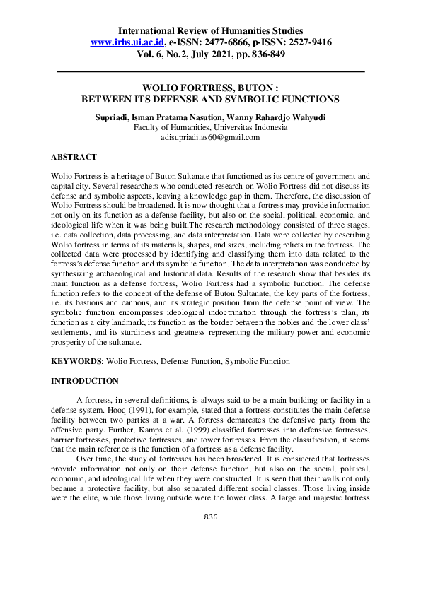 Wolio Fortress, Buton : Between Its Defense and Symbolic Functions