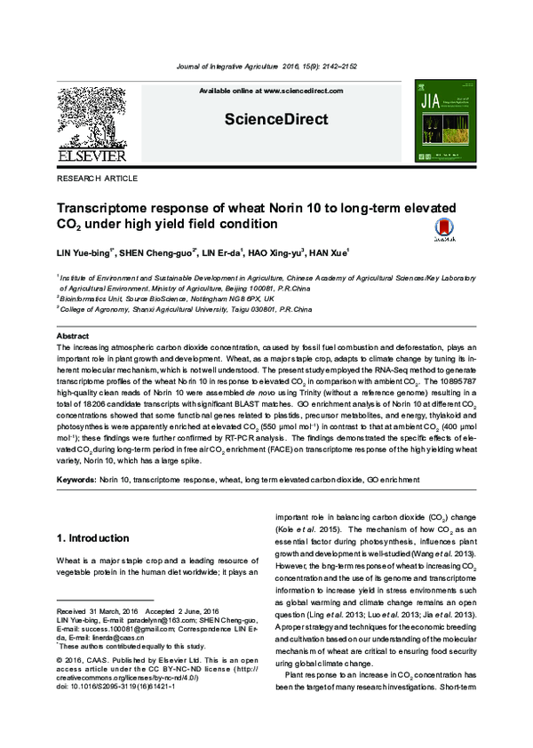 (PDF) Transcriptome response of wheat Norin 10 to long-term elevated ...