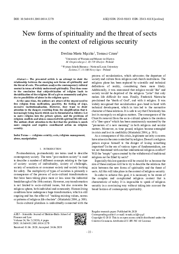 (PDF) New forms of spirituality and the threat of sects in the context ...