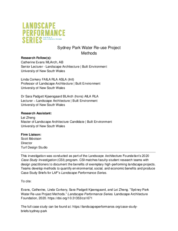 (PDF) Sydney Park Water Re-use Project Methods