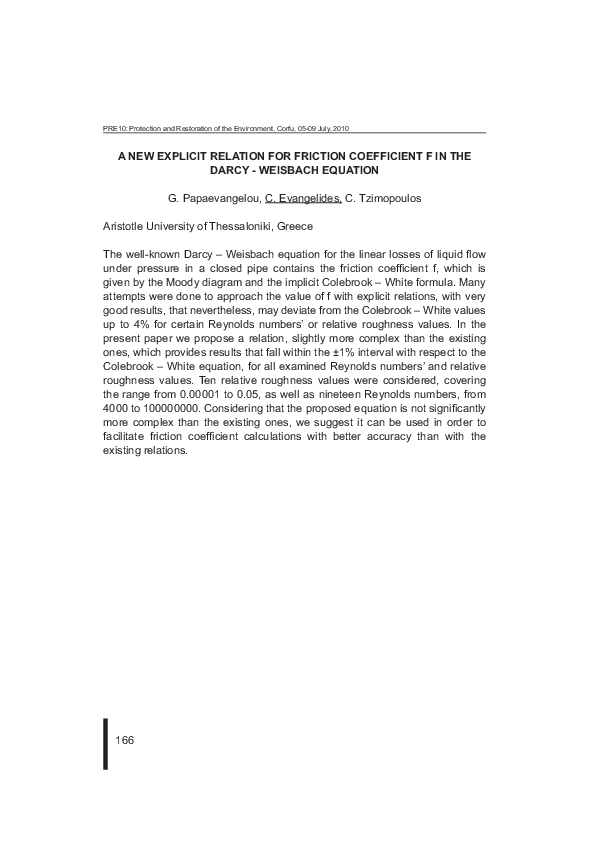 (PDF) A New Explicit Relation for Friction Coefficient F in the Darcy - Weisbach Equation