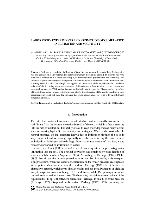 (PDF) Laboratory Experiments and Estimation of Cumulative Infiltration and Sorptivity