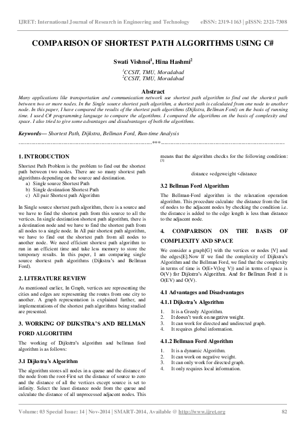 (PDF) Comparison of Shortest Path Algorithms Using C#