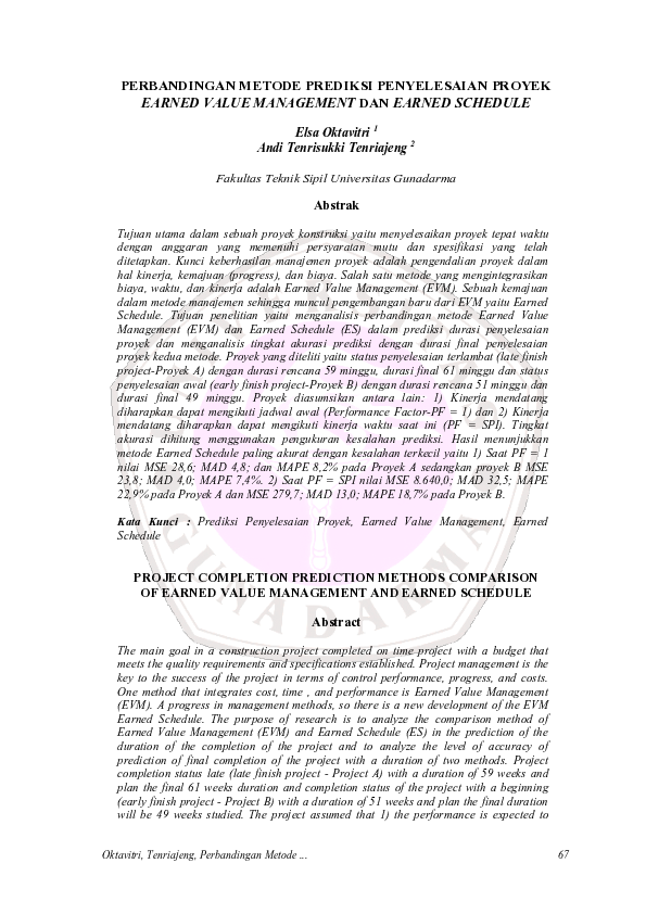 (PDF) Perbandingan Metode Prediksi Penyelesaian Proyek Earned Value ...
