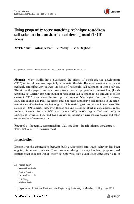 Pdf Using Propensity Score Matching Technique To Address Self Selection In Transit Oriented