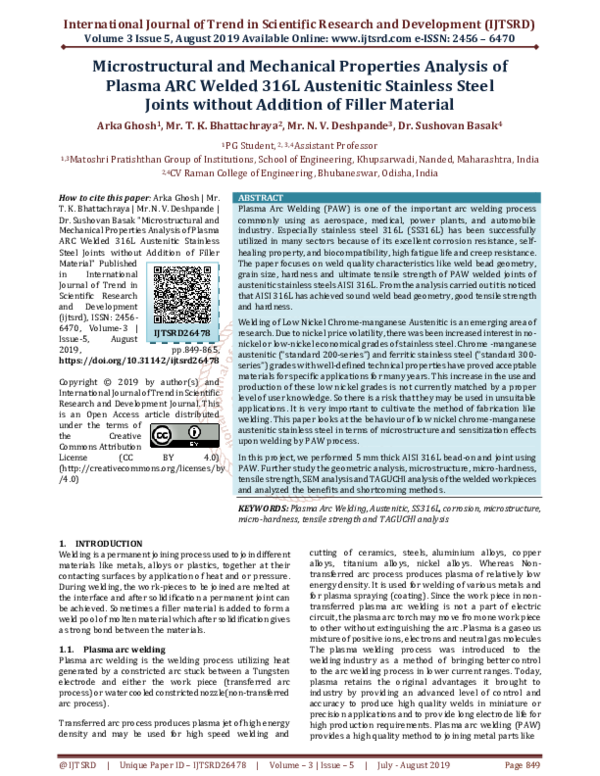 (PDF) Microstructural and Mechanical Properties Analysis of Plasma ARC Welded 316L Austenitic ...