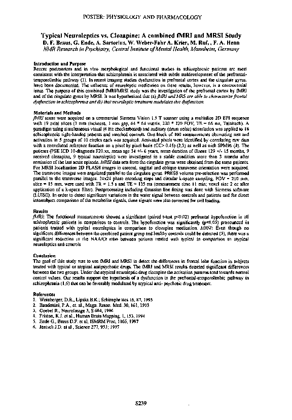 (PDF) Typical Neuroleptics vs. Clozapine: A combined fMRI and MRSI Study