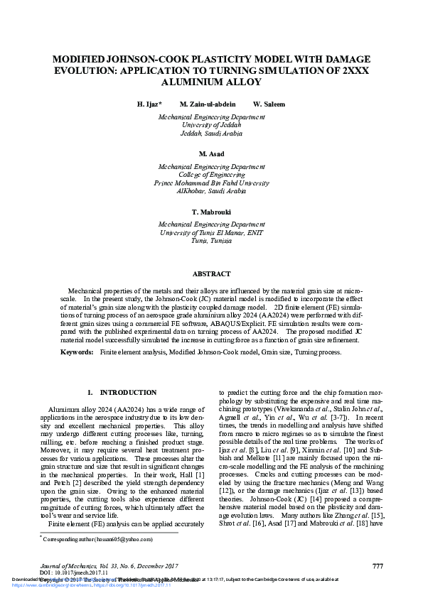 (PDF) Modified Johnson-Cook Plasticity Model with Damage Evolution: Application to Turning ...