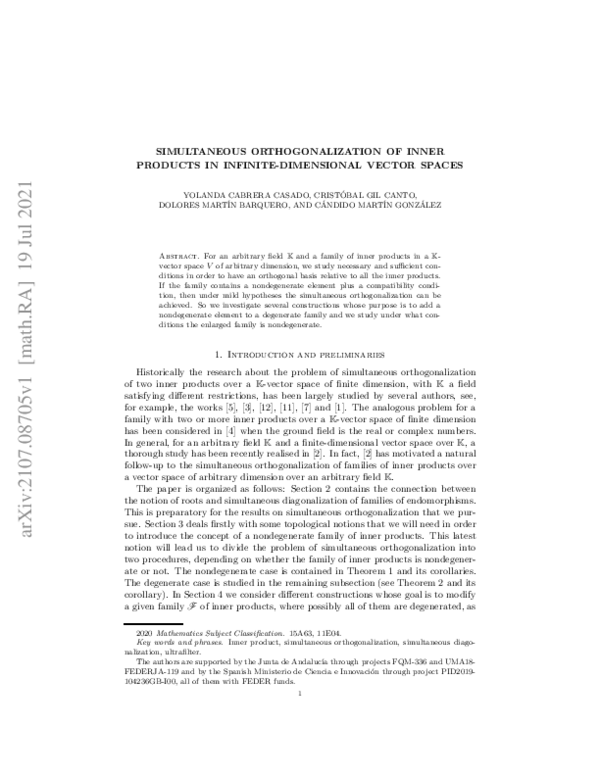Pdf Simultaneous Orthogonalization Of Inner Products In Infinite Dimensional Vector Spaces