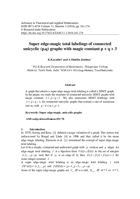 (PDF) Super edge-magic total labelings of connected unicyclic (p,q) graphs with magic constant p ...