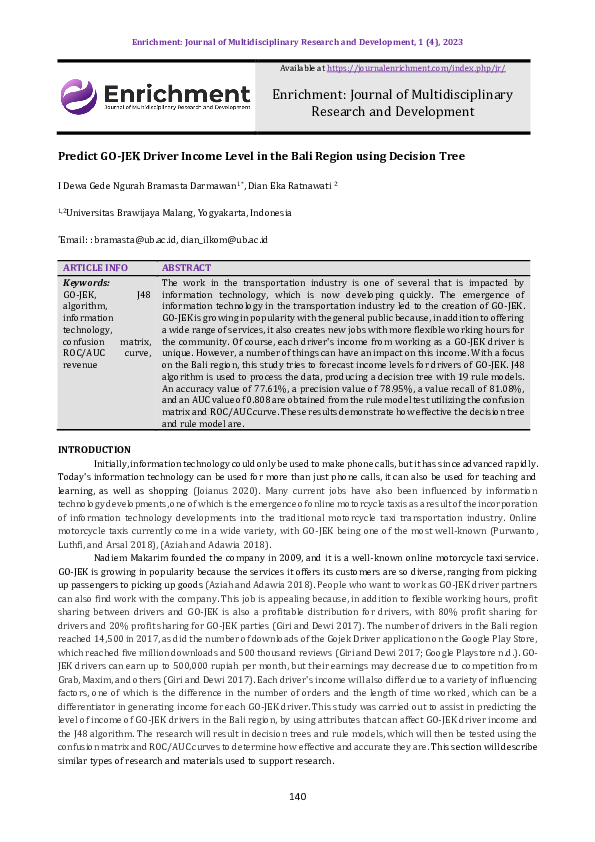 (PDF) Predict GO-JEK Driver Income Level in the Bali Region using ...