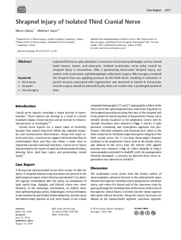 (PDF) Shrapnel Injury of Isolated Third Cranial Nerve