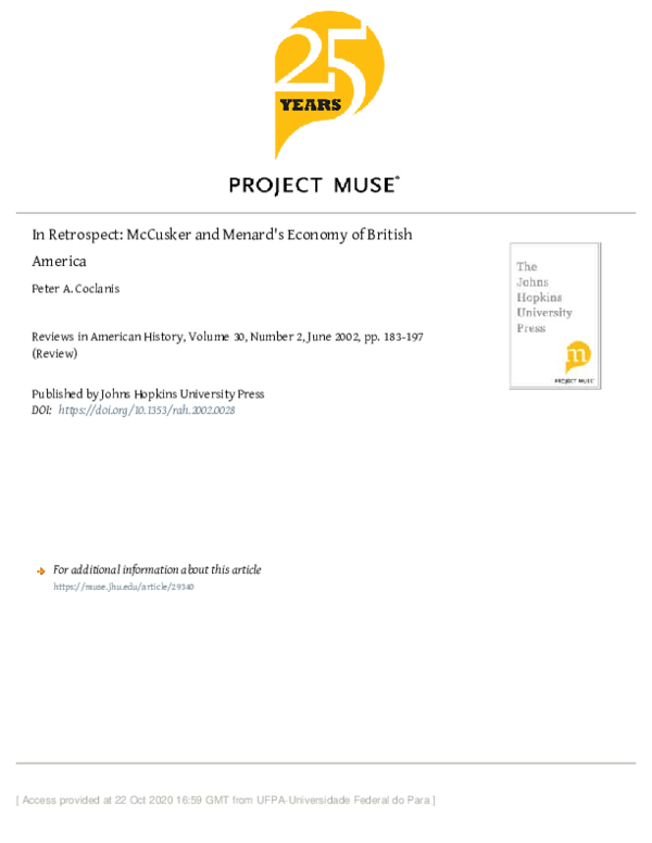 (PDF) In Retrospect: McCusker and Menard's Economy of British America