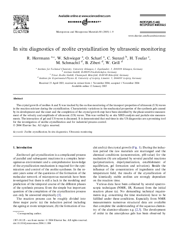(PDF) In situ diagnostics of zeolite crystallization by ultrasonic monitoring