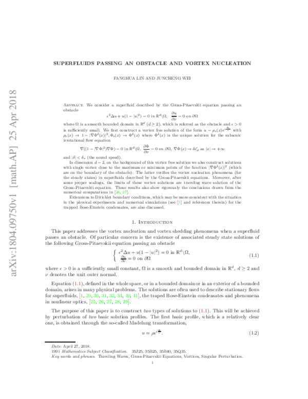 (PDF) Superfluids Passing an Obstacle and Vortex Nucleation