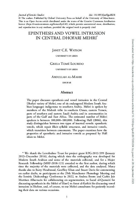(PDF) Epenthesis and vowel intrusion in Central Dhofari Mehri