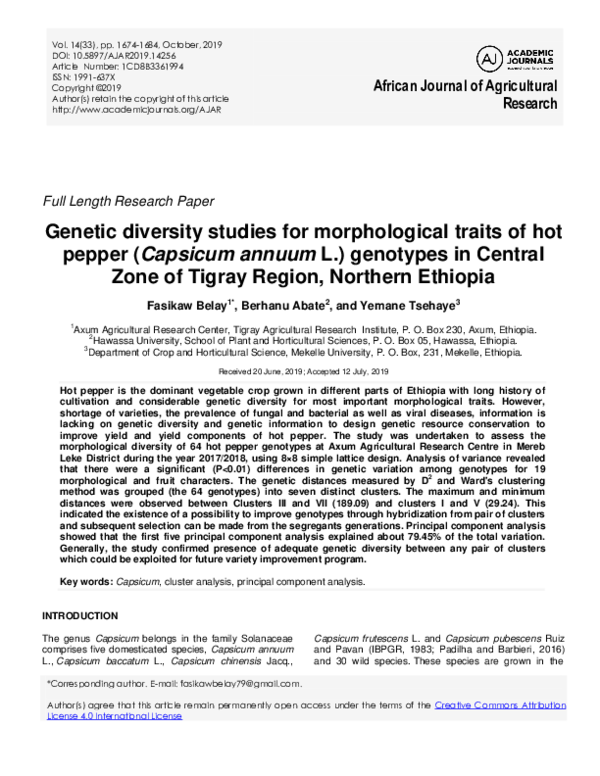 (PDF) Genetic diversity studies for morphological traits of hot pepper (Capsicum annuum L ...