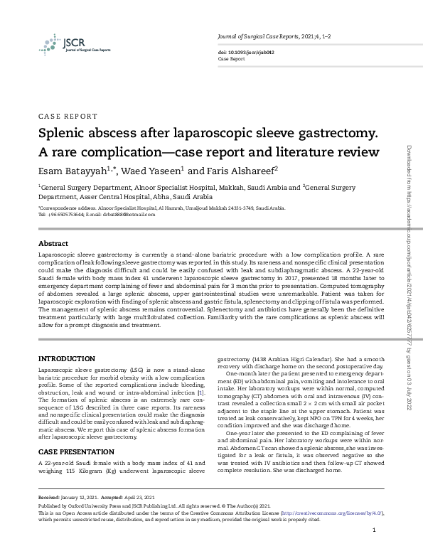 (PDF) Splenic Abscess Post Sleeve Gastrectomy: Case Study