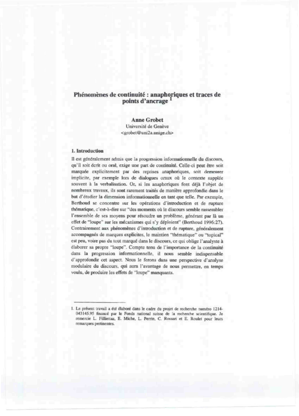 (PDF) Phénomènes de continuité: anaphoriques et traces de points d'ancrage