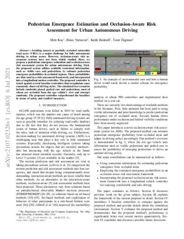 (PDF) Pedestrian Emergence Estimation and Occlusion-Aware Risk Assessment for Urban Autonomous ...