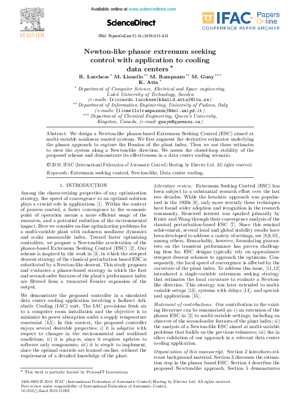 (PDF) Newton-like phasor extremum seeking control with application to cooling data centers