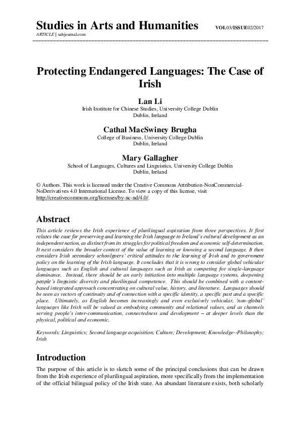 (PDF) Protecting Endangered Languages: The Case of Irish